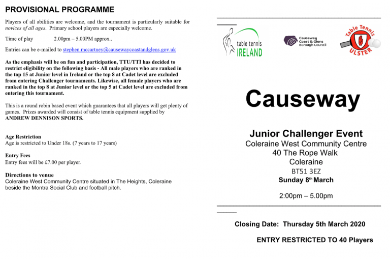 Causeway Junior Challenger – Ormeau Table Tennis Club Belfast